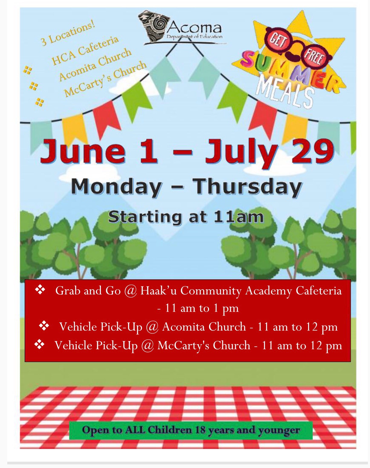 FREE SUMMER LUNCH MEALS June 1 – July 29 – Acoma Department of Education